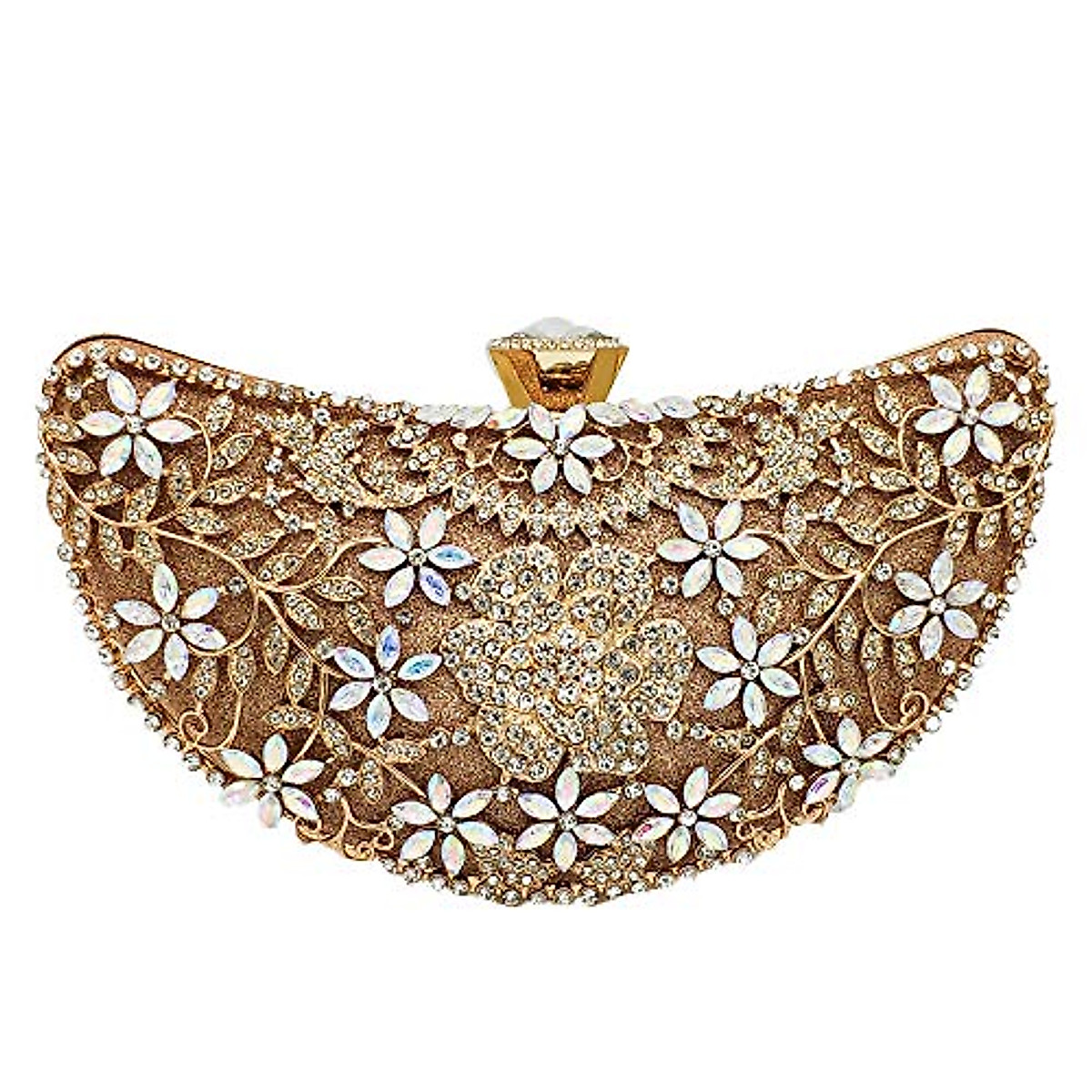 Boutique De FGG Half Moon Women Flower Evening Bags Bridal Crystal Clutch Purse Party Dinner Rhinestone Handbags (Gold)