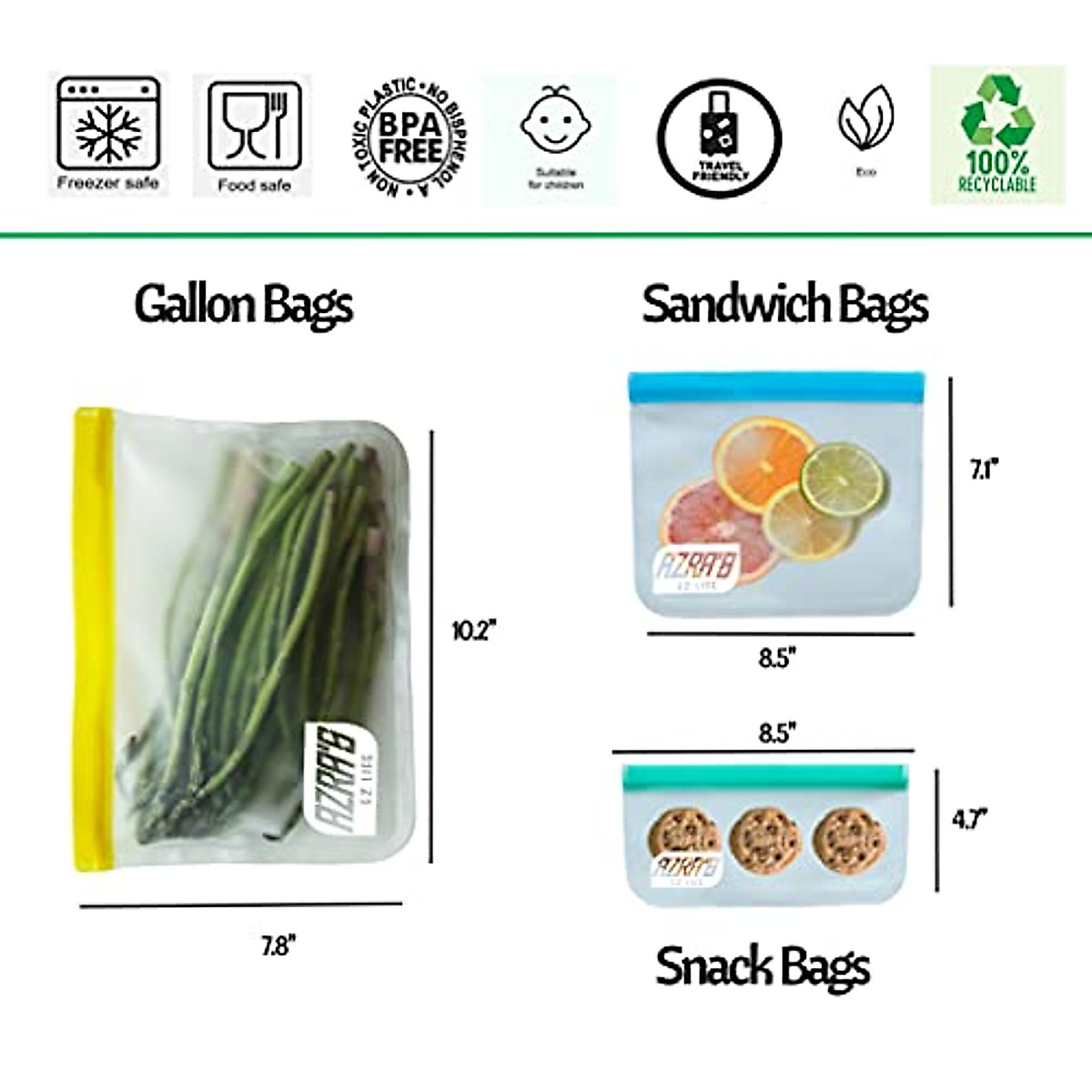 Reusable Storage Bags – 12 Pack BPA FREE PEVA LEAKPROOF Ziplock Freezer Bags (4 Gallon Bags, 4 Sandwich Bags, 4 Snack Bags) EXTRA THICK Resealable Bags for Meat Fruit Veggies