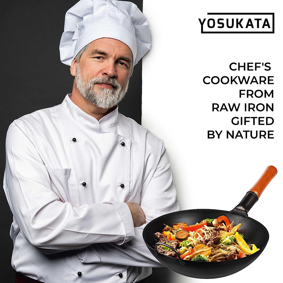 YOSUKATA Carbon Steel Wok Pan – 13,5 “ Woks and Stir Fry Pans - Chinese Wok with Flat Bottom Pow Wok - Traditional Chinese Japanese Woks - Black Steel Wok