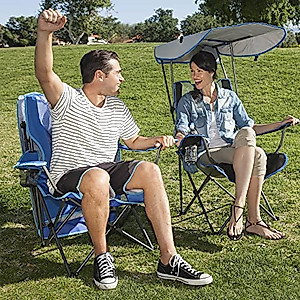 Kelsyus Premium Portable Camping Folding Outdoor Lawn Chair w/50+ UPF Canopy, Cup Holder, & Carry Strap, for Sports, Beach, Lake, Blue & Gray (2 Pack)