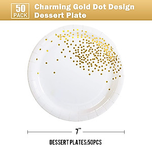Simbago Gold Dots Party Paper Plates, 50 PCS Disposable Party Supplies Dessert Paper Plates for Birthday Party,Wedding Birdal Christmas Baby Shower (7 inches)