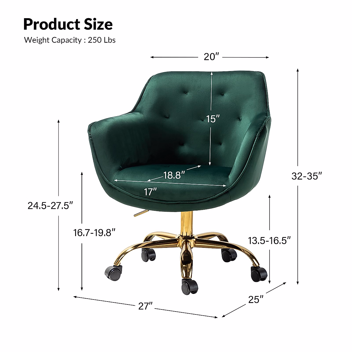 HULALA HOME Velvet Office Chair with Gold Base, Modern Cute Mid-Back Desk Chair, Adjustable Swivel Computer Task Chair for Living Room, Bedroom, Study, Vanity, Green