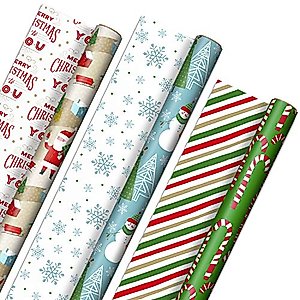 Hallmark Reversible Christmas Wrapping Paper (3 Rolls: 120 sq. ft. ttl) Rustic Santa, Papercraft Snowmen, Candy Canes, Stripes, Snowflakes, "Merry Christmas to You"