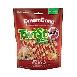 Dingo Twist Sticks Rawhide Chews, Made with Real Chicken, 50 Count and DreamBone Twist Sticks, Made with Real Chicken, Rawhide-Free Chews for Dogs, 50 Count