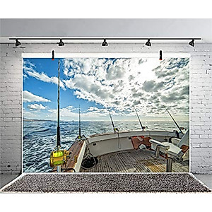 AOFOTO 10x7ft Sea Landscape Backdrop Fishing Boat Fishing Poles Blue Sky White Cloud Photography Background Anglers Vacation Video Displays TV Film Production Studio Prop Video Drape