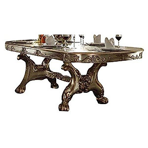 ACME Dresden Dining Table with Trestle Pedestal - - Gold Patina & Bone