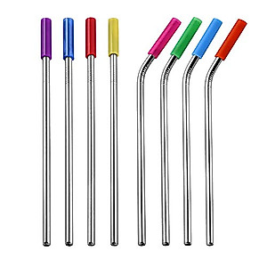 Connoworld Reusable Stainless Steel Straws Kit Tools, Includes 2 Straight Drinking Straws + 2 Bent Drinking Straws + 1 Cleaning Brush + 4 Detachable Silicone Tips Covers Purple