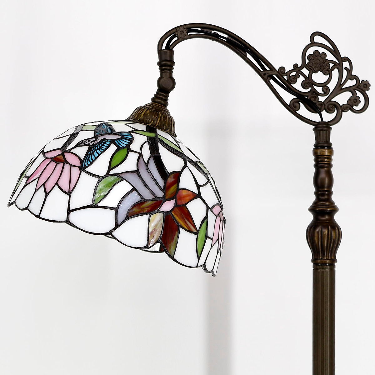 WERFACTORY Tiffany Floor Lamp Hummingbird Flower Stained Glass Arched Lamp 12X18X64 Inches Gooseneck Adjustable Corner Standing Reading Light Decor Bedroom Living Room S801 Series