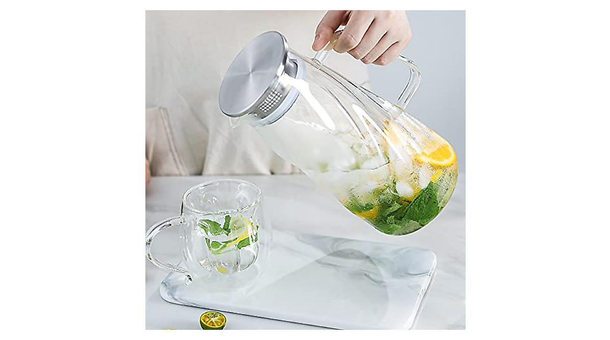 Glass Pitcher with Lid for Fridge Iced Tea Pitcher 57 OZ 1.7L Sun Tea ...