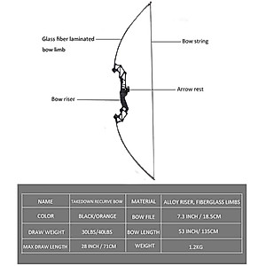 Toparchery Archery Takedown Recurve Bow Hunting Long Bow Set Alloy Riser - Right Hand Black - Draw Weight 30lbs 40lbs - with Arrow Sight, Arrow Brush