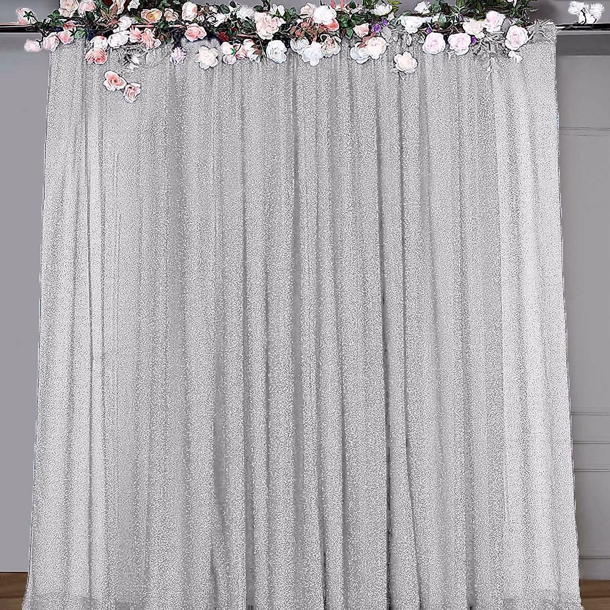 Hanha 2PC-5X10FT Silver Metallic Shiny Spandex Curtain Party Wedding Backdrop Photography Background Photo Booth Studio Background Home Party Supplies Christmas Decor (Silver)