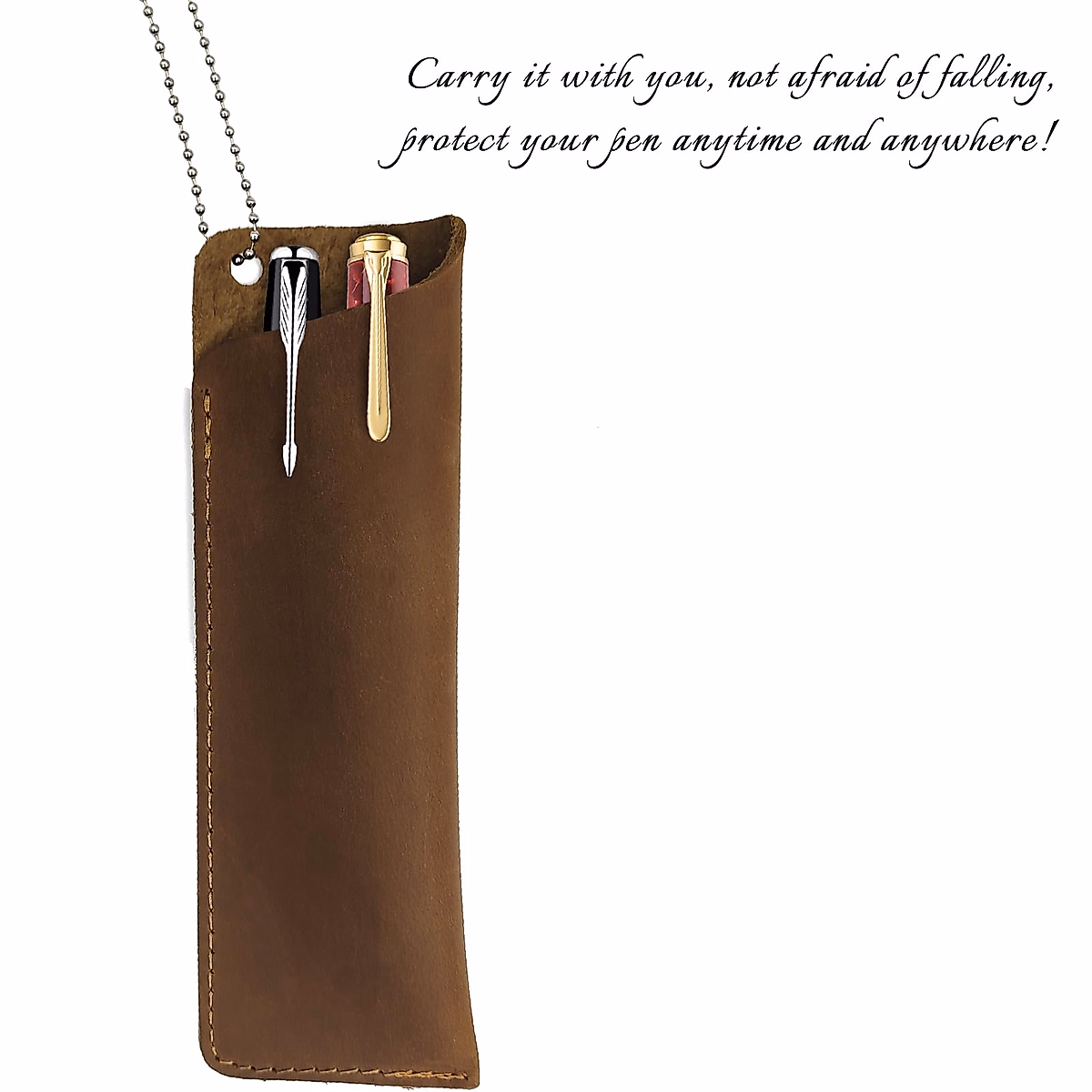 XQIGI Genuine Leather Pen Case Holder, Handmade Double Pen Case Fountain, Pencils Protective Sleeve Large Pens Pouch Cover (Bourbon Brown)