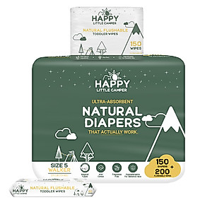 Happy Little Camper Ultra-Absorbent Natural Baby Diapers Size 5 - Hypoallergenic, Unscented & Chlorine-Free Disposable Diapers (150 Count) Come with Flushable Wipes (200 Count) for Sensitive Skin