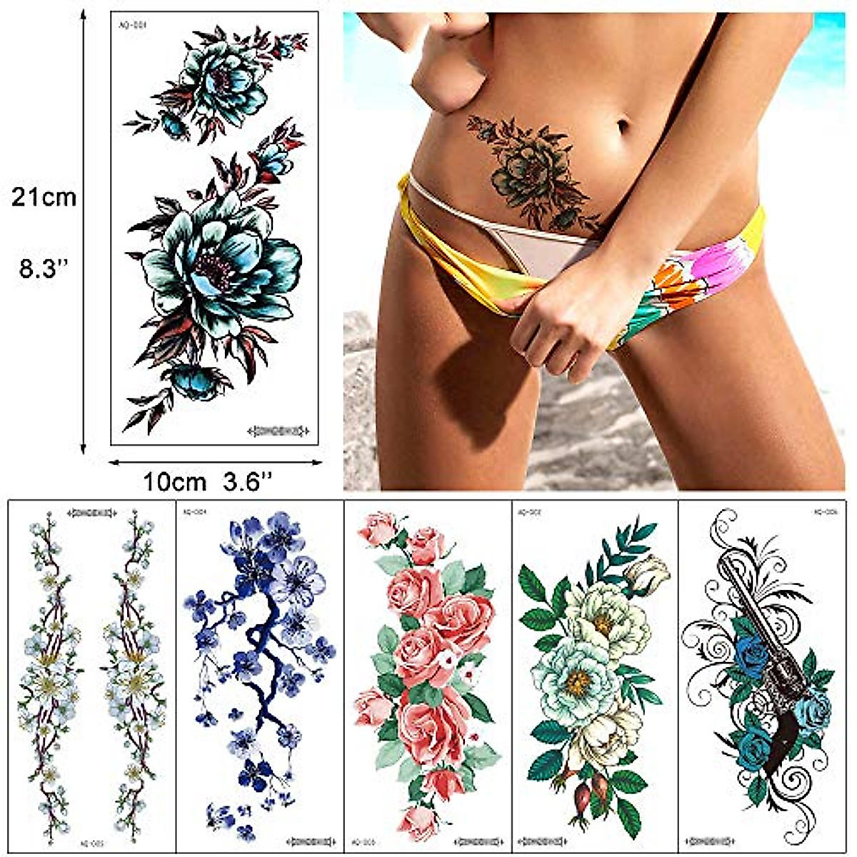 Glaryyears Temporary Tattoos for Women Female, 18-Pack Large Big Fake Tattoos, Long-lasting Flower Tattoos, Floral Design Variety Pack Realistic Tattoos 3D, Sexy for Body Arm Chest Shoulder Thigh