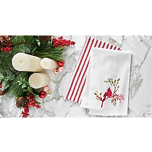 C&F Home Holiday Winter Themed Single Red Cardinal Embroidered Sitting on Red Berry Tree Flour Sack Christmas Dishtowel Decor Decoration 27L x 18W in. 18" x 27" White