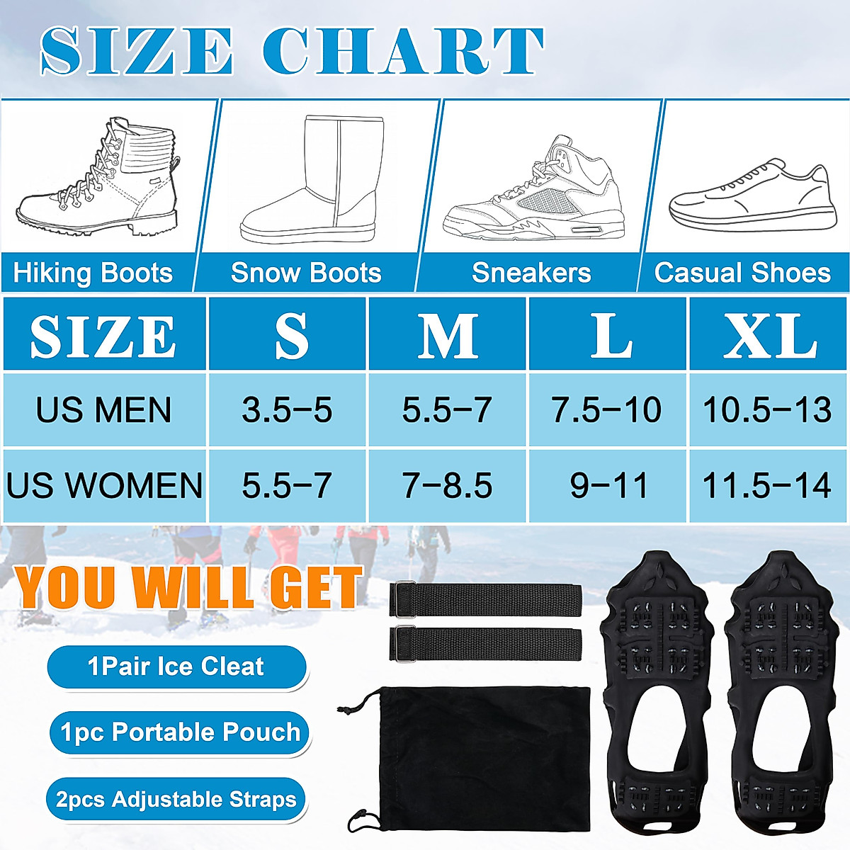 Ice Snow Traction Cleats for Shoes and Boots Non-Slip Crampon Snow Cleats for Winter Walking on Snow and Ice Boots Cleats for Men Women Walking Jogging Hiking (24 Steel Crampons, Size L)