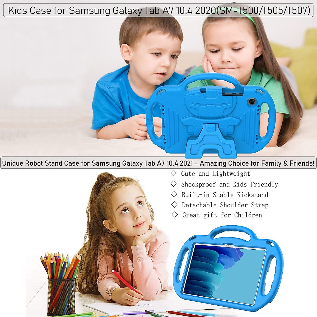 LTROP Kids Case for Samsung Galaxy Tab A7 10.4 2022/2020, Samsung Galaxy Tab A7 10.4 Case with Shoulder Strap, Shockproof Handle Stand Case for Samsung Tab A7 10.4 Inch(SM-T500/T505/T507/T509), Blue