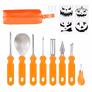 Pumpkin Carving Kit Halloween, 8 PCS Professional Heavy Duty Pumpkin Carving Tools with 4 Pumpkin Carving Stencils,Stainless Steel Pumpkin Carving Tools for Halloween Decoration with Thick Handbag