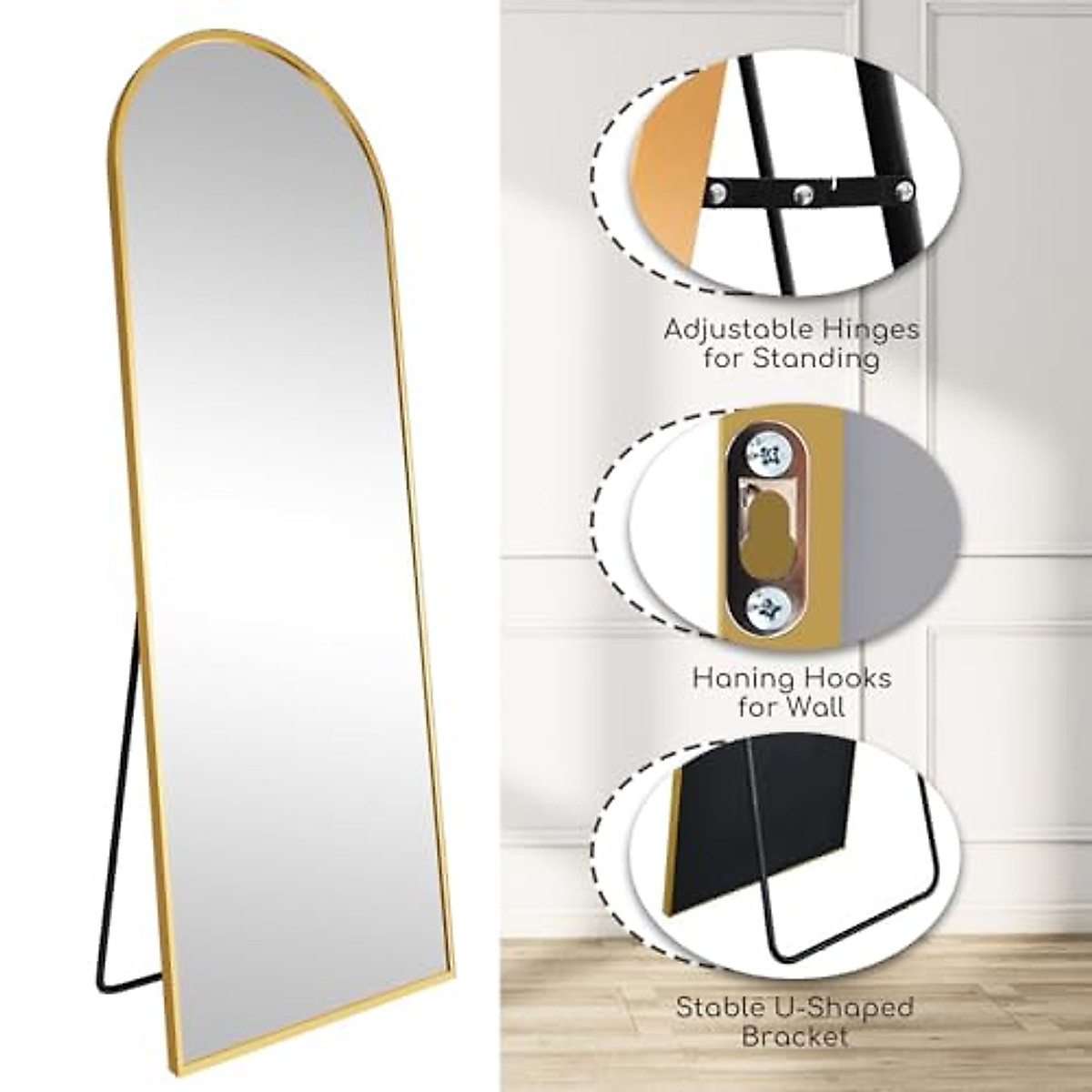 FVANF Arched Full Length Floor Mirror Standing Hanging or Leaning Against Wall, for Bedroom, Wall-Mounted Mirror with Aluminum Alloy Frame, 65"x22" (Gold)