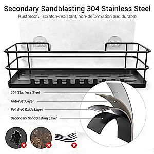 2 Packs Adhesive Shower Caddy with Hooks - No Drilling Rustproof Traceless Stainless Steel Wall Mounted Shower Storage Organizer Shelf Rack Holder for Bathroom Toilet Restroom Kitchen - Matte Black