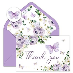 Whaline 24Pcs Floral Butterfly Thank You Cards Purple Flower Greeting Cards with Envelope Stickers Spring Watercolor Blank Note Cards for Birthday Wedding Baby Shower Bridal Shower, 4 x 6 Inch