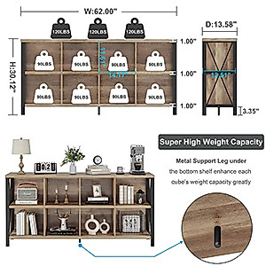FATORRI 8 Cube Storage Organizer Bookshelf, Rustic Wood Cubby Bookcase, Industrial Horizontal Long Shelf for Living Room (Rustic Oak, 62 Inch)