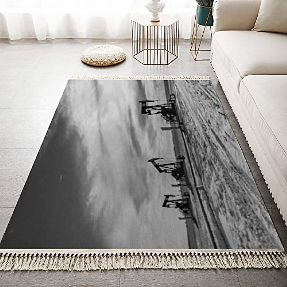 Boho Kid Bedroom Playroom Nursery Area Rugs Oil Derrick on The Prairies in Winter Tassels Carpet Patio Hallway Runner Mat Pad Home Decor Living Room Indoor Outdoor