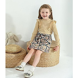 Weixinbuy 4t Girl Clothes Toddler Girl Clothes Fall Outfits Long Sleeve Turtleneck Knitted Sweater Top Plaid Mini Skirts Set Khaki 4-5T