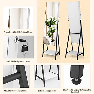 CHARMAID LED Strip Jewelry Armoire with 47.2" H Full Length Mirror, Lockable Jewelry Cabinet Organizer with 3-Color Lights, 3 Brush Boxes, 2 Drawers, Bottom Storage Shelf, Metal Frame (White)