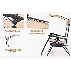 BTEXPERT CC5044BG-2 Zero Gravity Chair Lounge Outdoor Pool Patio Beach Yard Garden Sunshade Utility Tray Cup Holder Beige Two Case Pack (Set of 2 pcs), Piece, Tan with Canopy