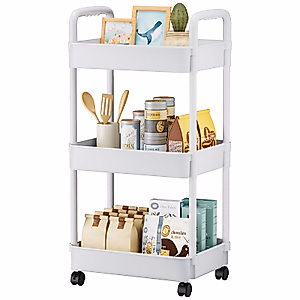 EZ COZY 3 Tier Rolling Cart, Plastic Diaper Cart Organizer with Wheels, Roller Cart for Diapers, Baby Nursery, Kitchen, Bathroom, Living Room and Bedside, White