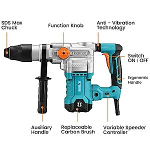 Berserker 1-9/16" SDS-Max Heavy Duty Rotary Hammer Drill with Vibration Control,Safety Clutch,13 Amp 3 Functions Demolition Rotomartillo for Concrete-Including 1 Drill Bits,Point Chisel,Carrying Case