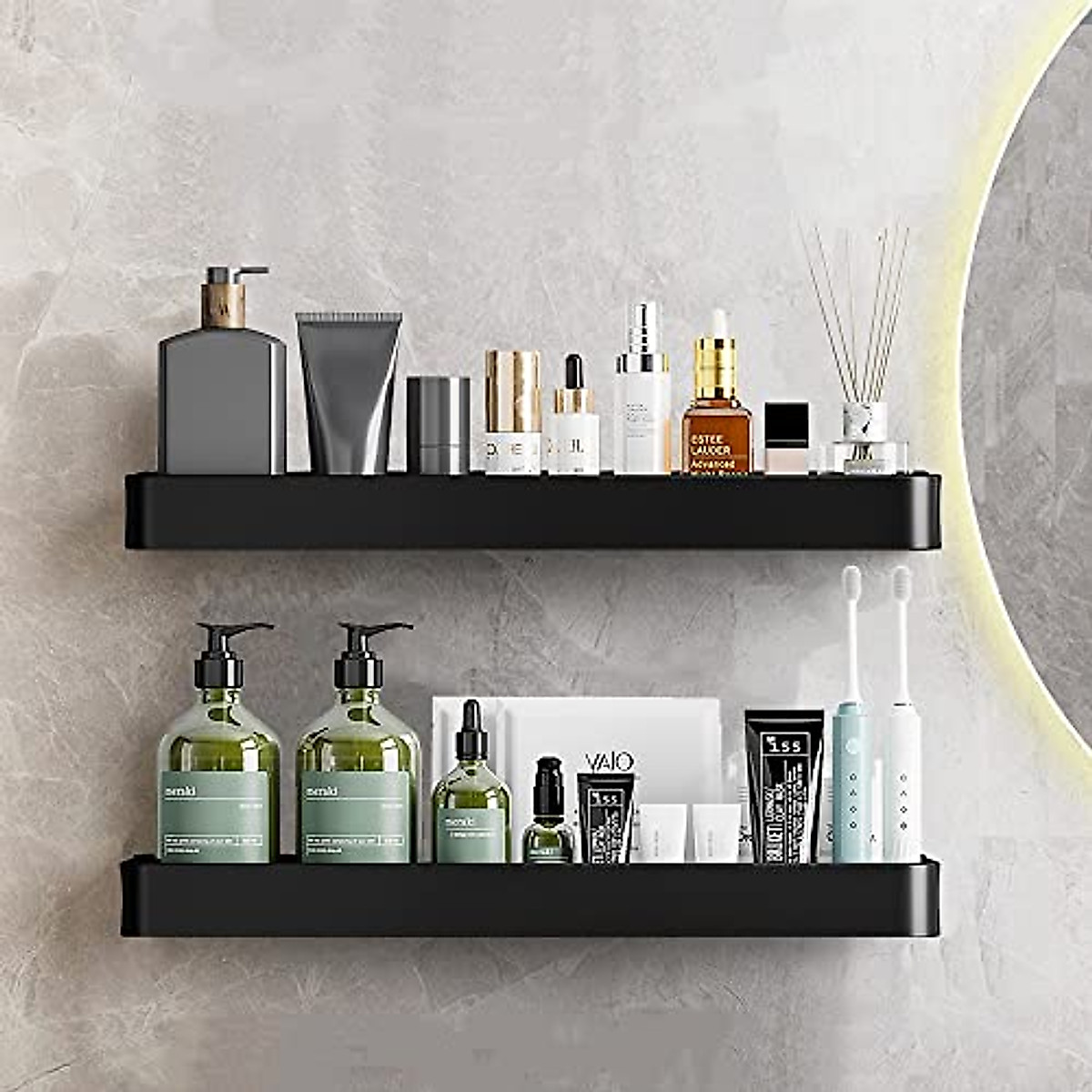 IUKPPTUI Bathroom Shelf Wall Mounted Decor Shower Rack Cosmetics Organizer Aluminium Floating Shelves for Kitchen Storage Black