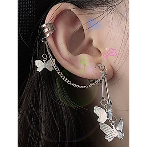 Ofeiyaa 6Pcs Tassel Ear Cuff Butterfly Snowflake Flower Star Moon Leaf CZ Cuff Earring Chain Set Crawler Climber Dangling Chain Wrap Clip on Earrings Jewelry for Women Men