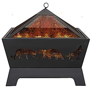 JupiterForce Durable Outdoor Fire Pit Backyard Patio Garden Stove Wood Burning Fireplace with Grid Cover Mesh Lid, Black