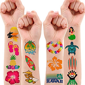 Hawaiian Luau Tattoos Temporary Theme Birthday Party Decorations Supplies Favors Decor Cute Summer Beach Tattoo Stickers 8 Sheets 96 PCS Gifts for Kids Girls Boys Classroom Rewards Carnival Christmas