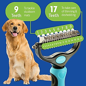 DakPets Dematting Rake for Dogs - Double Row Undercoat Rake for Dogs - Cat Brush & Deshedding Tool Gently Removes Loose Hair & Mats - Dog Hair Detangler & Cat Matted Fur Remover - Easy-Grip Design