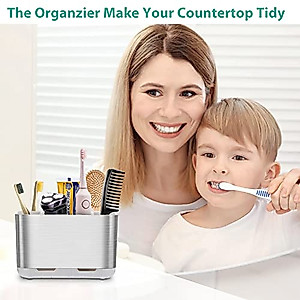 Boperzi Toothbrush Holder Toothpaste Organizer Drainage for Bathroom Vanity, Large Brushed Nickel Toothbrush Storage Caddy Anti-Slip Rustic with Adjustable Dividers for Family, Kids