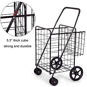 Nightcore Folding Shopping Cart, Large Grocery Utility Cart w/Dual Swiveling Wheels & Double Storage Baskets, Light Weight Trolley w/Portable Handle, Ideal for Laundry Book Luggage Travel (Black)