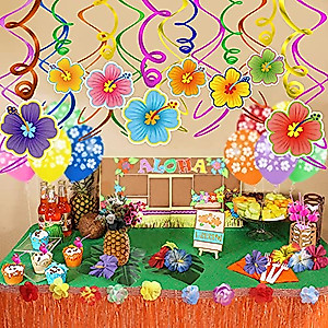 HOWAF 30 Pcs Hawaiian Tropical Luau Birthday Party Hanging Swirls Hibiscus Swirls Flower Foil Swirl Decorations Ceiling Decorations for Tiki Cocktail Beach Summer Party Decoration Supplies