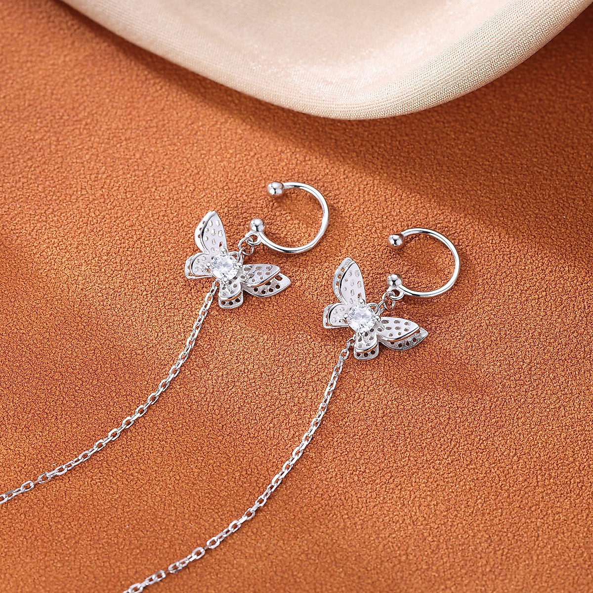 SLUYNZ 925 Sterling Silver Elegant Butterfly Cuff Earrings Chain for Women Butterfly Earrings Crawler Earrings Wrap (A-Silver)