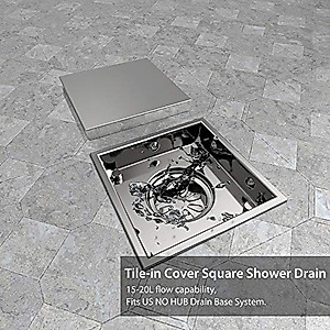 USHOWER 4 Inch Square Shower Floor Drain with Reversible 2-in-1 Tile Insert Cover,4" Brushed Nickel Tiled Insert Drain Grate 304 Stainless Steel, Includes Flange Base & Hair Strainer
