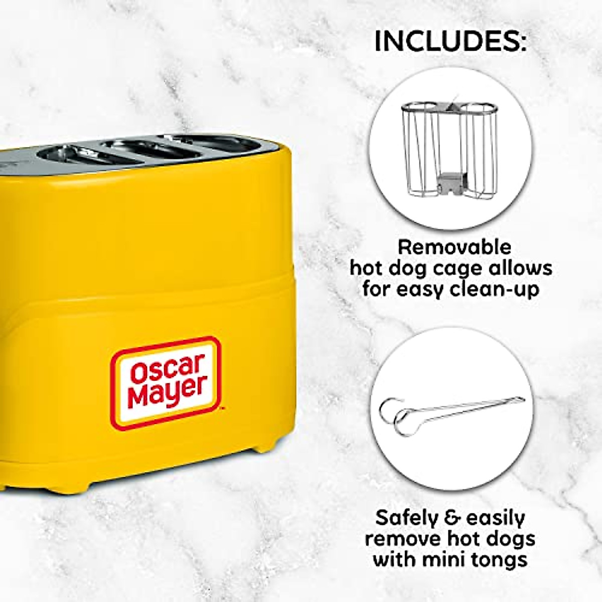 Oscar Mayer 2 Slot Hot Dog and Bun Toaster with Mini Tongs, Hot Dog Toaster Works with Chicken, Turkey, Veggie Links, Sausages and Brats, Yellow
