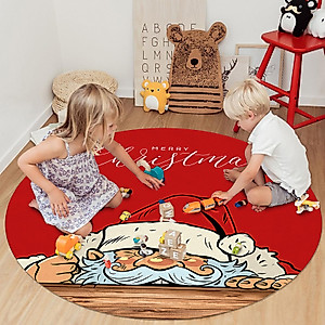 Red Santa Area Rug Carpet for Kids Teen Girls Boys Bedroom, Living Room, Washable Outdoor Indoor Accent Throw Runner Floor Mat Area+Rug Merry Christmas Summer Brown Farmhouse 3FT(Round)