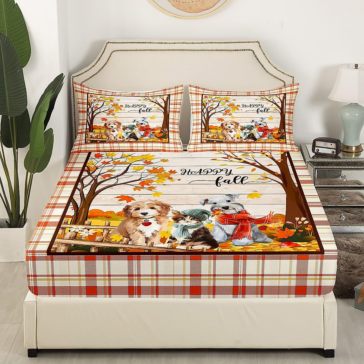 Castle Fairy Happy Fall Plaid Bed Sheet Set for Boys Girls,Cute Dog Cat Animals Halloween Bed Sheet Set Full Size Bedding Set,Maple Leaves Retro Check Geometric Fitted Sheet and 1 Flat, 2 Pillow Sham