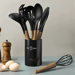 Silicone Kitchen Cooking Utensil Set, 9Pcs Kitchen Utensils Spatula Set with Wooden Handle for Nonstick Cookware, 446°F Heat Resistant Silicone Kitchen Gadgets Utensil Set with Large Holder（Black）