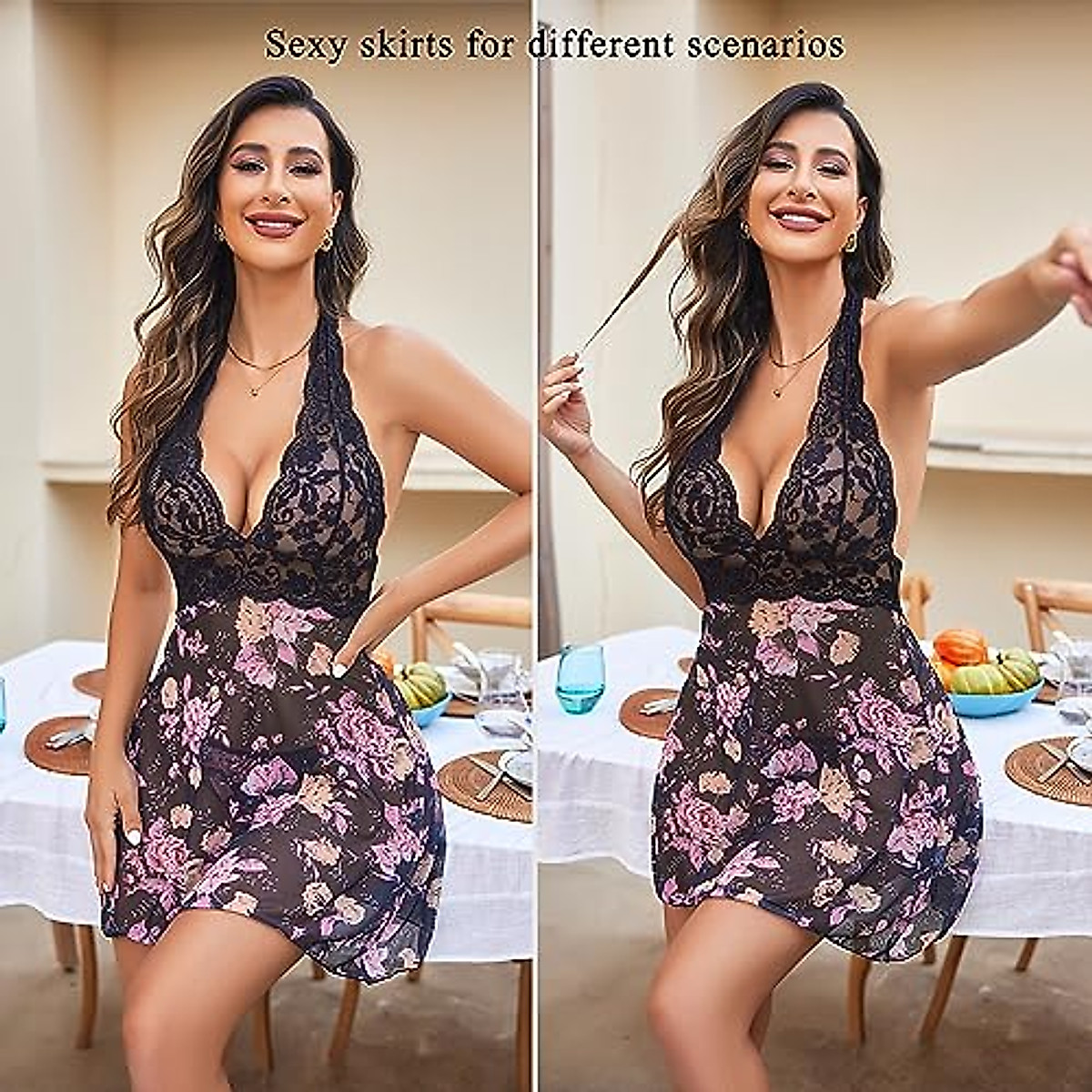 Avidlove Sexy Lingerie for Women Naughty Halter Babydoll Deep V Neck Chemise Sleepwear Short Nightgown