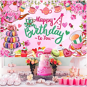 Floral Tea Party Decorations Floral Happy Birthday Banner Large Pink Floral Teapot Themed Birthday Photo Booth Backdrop Background for Birthday Baby Shower Anniversary Tea Party Supplies 71 * 44 inch