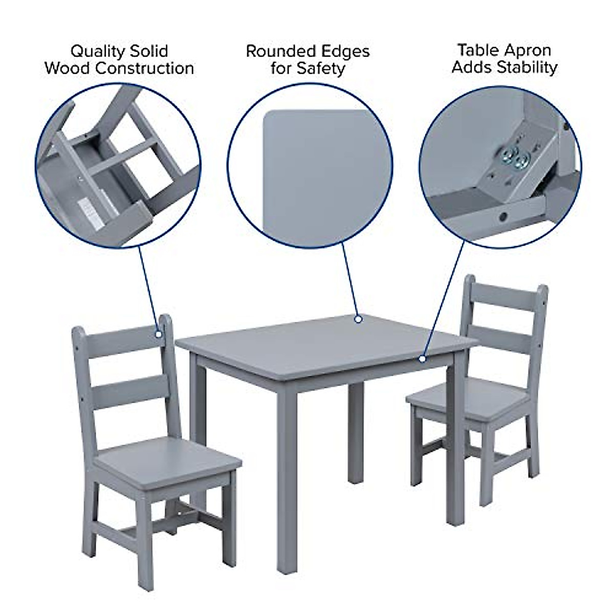 Flash Furniture Kyndl Kids Solid Hardwood Table and Chair Set for Playroom, Bedroom, Kitchen - 3 Piece Set - Gray