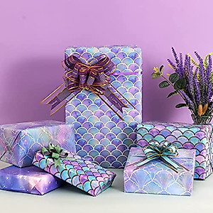 PlandRichW Birthday Wrapping Paper Folded for Girls Kids Baby Women Mermaid Scale Scallop Galaxy 4 Styles of Gift Wrapping Paper for Weddings Graduation Anniversaries 12 Sheets 20 X 29 Inch